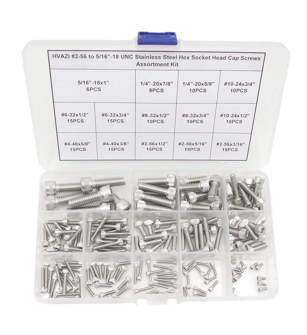 HVAZI #2-56 to 5/16"-18 UNC Stainless Steel Hex Socket Head Cap Screws/Bolts Assortment Kit