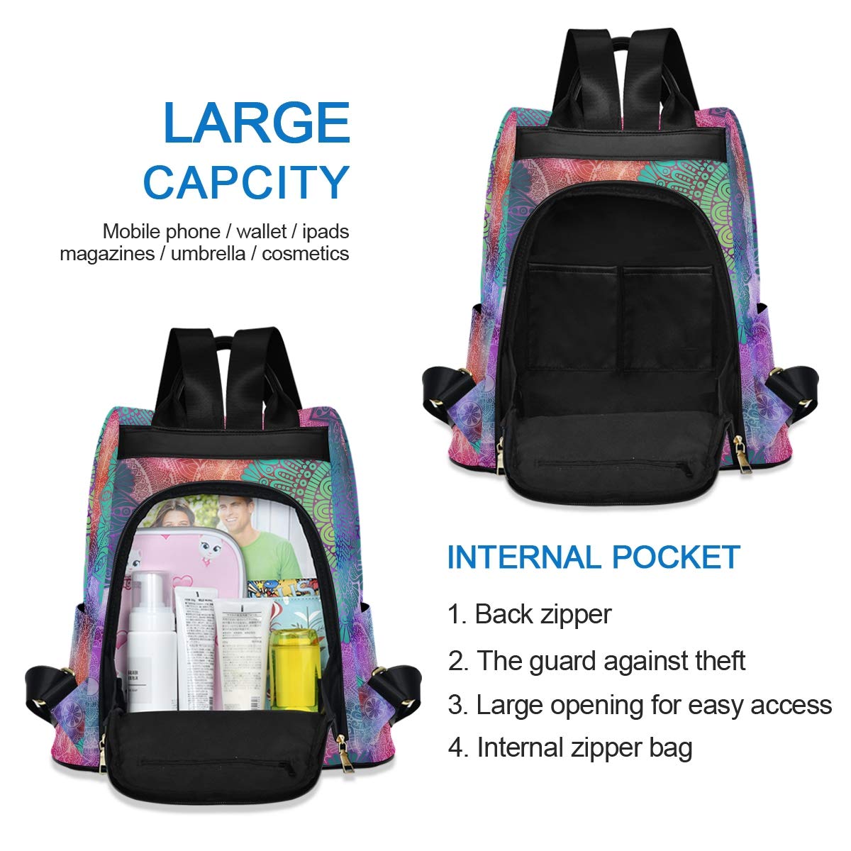 ALAZA Boho Mandalas Indian Print Decorative Backpack Purse for Women Anti Theft Fashion Back Pack Shoulder Bag