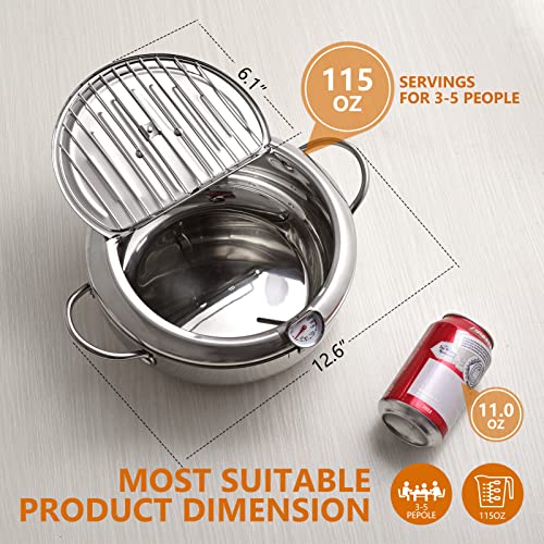 deep Fryer Pot,304 Stainless Steel with Temperature Control and Lid Japanese Style Tempura Fryer Pan Uncoated Fryer Diameter: 9.4"