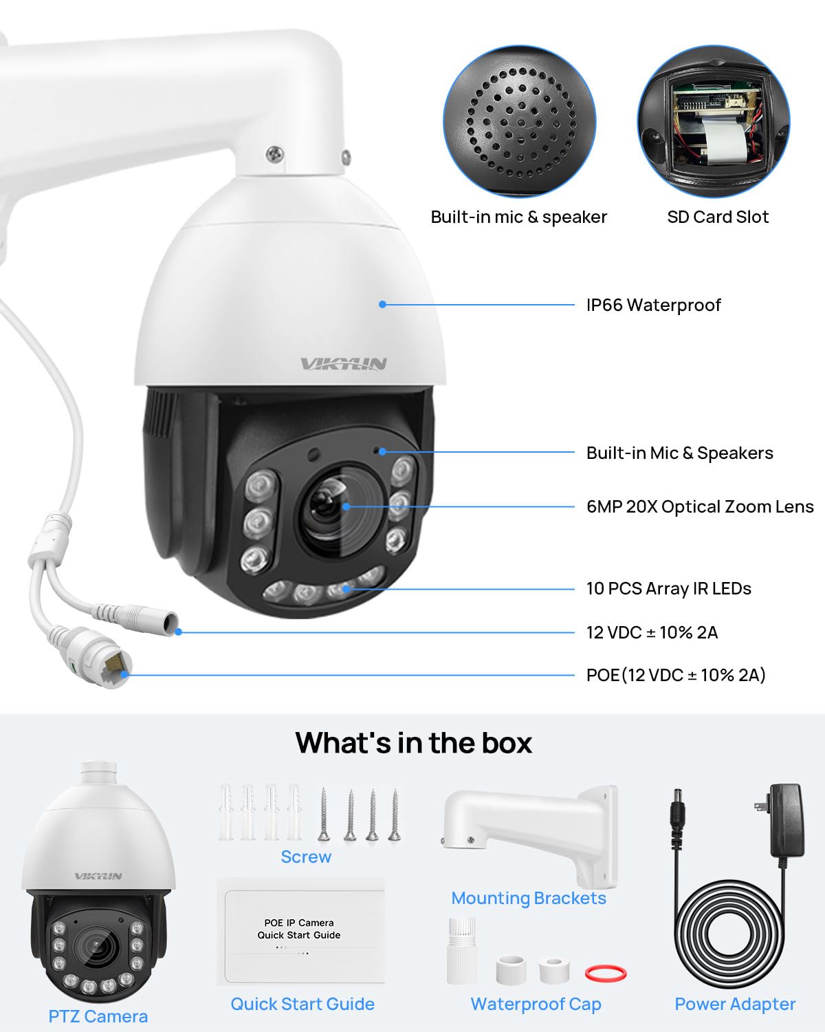 6MP Outdoor PTZ IP POE Camera, Pan Tilt 20x Optical Zoom, Human Vehicle Detection, Auto Tracking PTZ Camera with 393ft IR Night Vision, 2-Way Audio, MicroSD 256GB (Compatible for Hikvision)