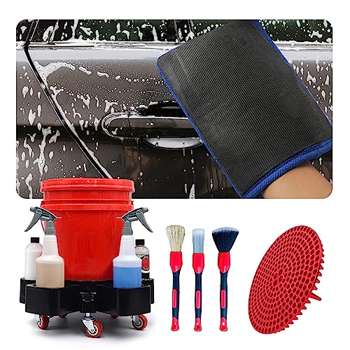 Bucket Dolly 5 Gallon Rolling Bucket Dolly with 5 Rolling Swivel Casters,Heavy Duty Rolling Dolly for Car Wash with Glove ＆ Sand Barrier Net for Car Washing, Detailing, Garage