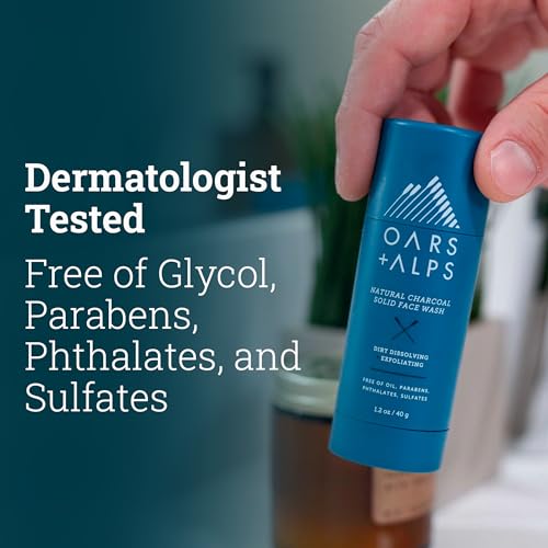 Oars + Alps Face Wash with Activated Charcoal, Valentines Gifts for Him, Dermatologist Tested Exfoliating Facial Cleanser, Travel Size, 1.2 Oz