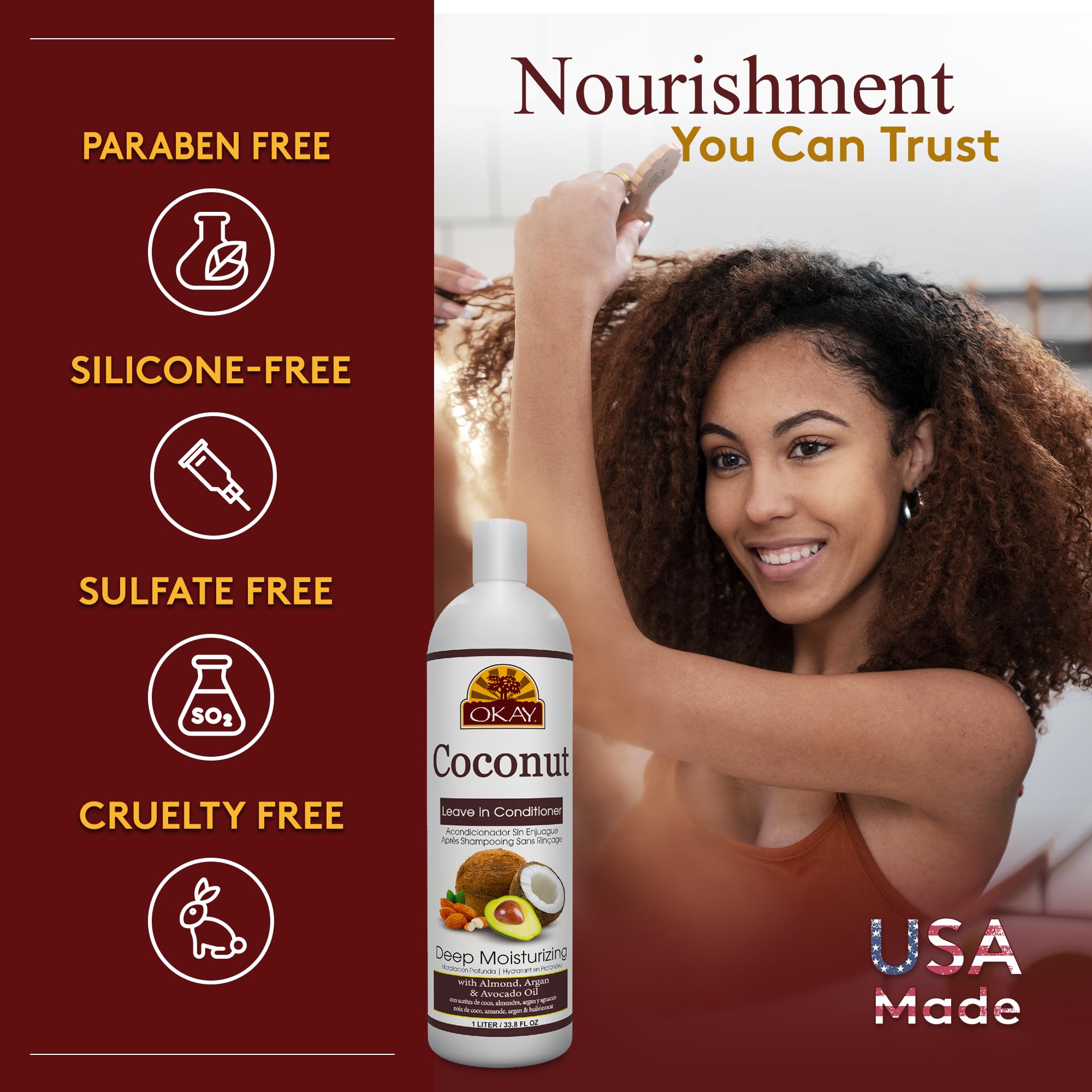OKAY Coconut Deep Moisturizing Leave In Conditioner Helps Replenish Moisture And Elasticity For Healthy Strong Hair Sulfate,Silicone,Paraben Free For All Hair Types and Textures Made in USA 33oz