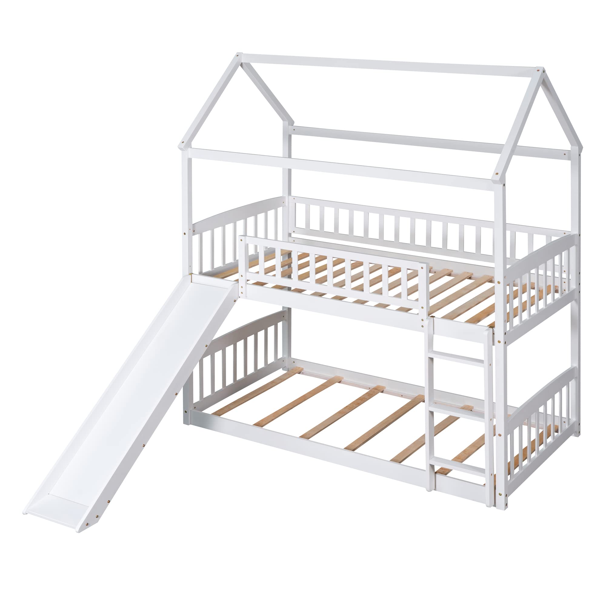 Harper & Bright Designs Kids House Bunk Beds with Slide, Wooden Twin Over Twin Bunk Bed Frame with Ladder, Guardrails, Bunk House Bed for Kids, Teens, No Box Spring Needed