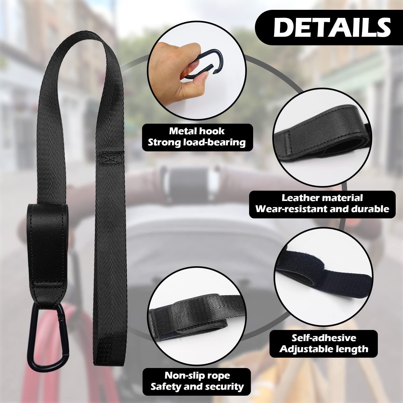 4Pcs Stroller Hooks, Heavy Duty Jogging Stroller Clips with Safety Wrist Strap, Universal Buggy Hooks, Pram Hook, Mommy Hooks for Hanging Diaper Bags and Purse (Black)