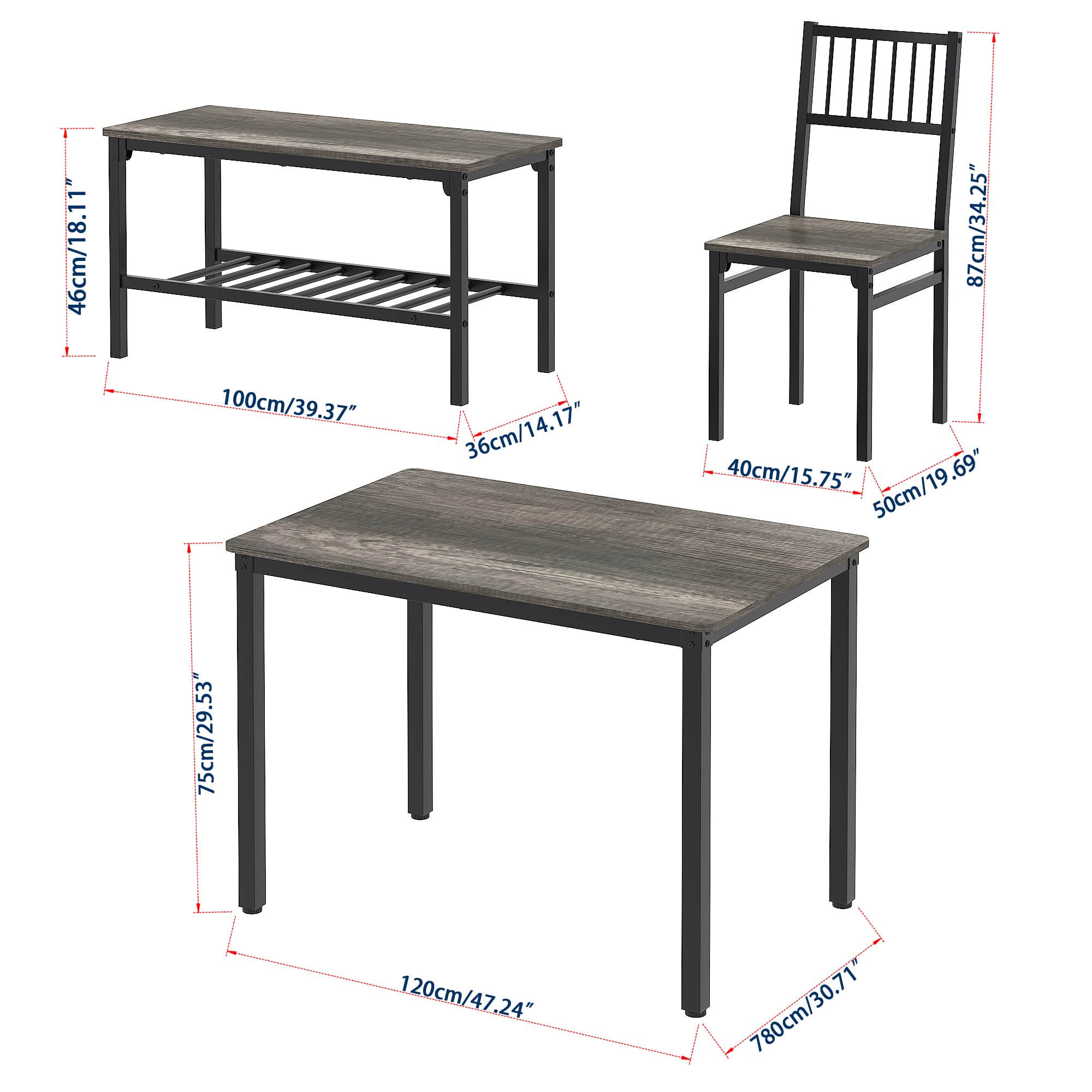 Teraves Dining Table Set for 4/Computer Desk,Kitchen Table with 2 Chairs and a Bench,Table and Chairs Dining Set 4 Picce Set for Dining Room (Black Oak+Black Frame,120CM)