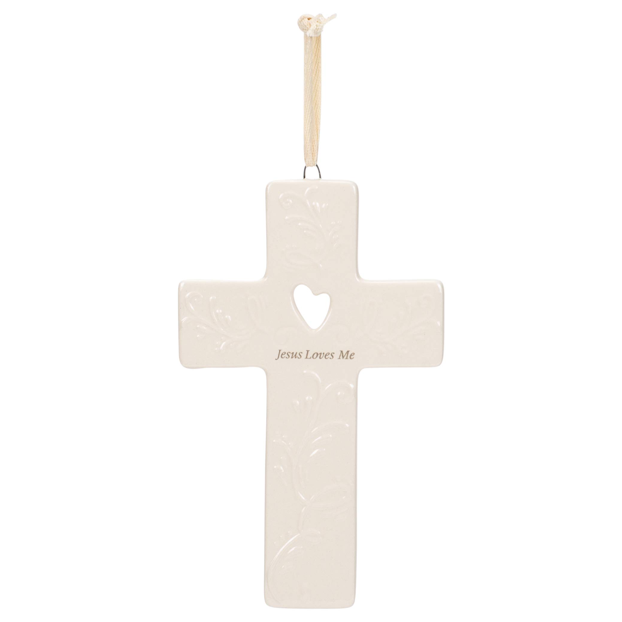 Jesus Loves Me Filigree Heart 7 x 4 Ceramic Stoneware Crib Cross