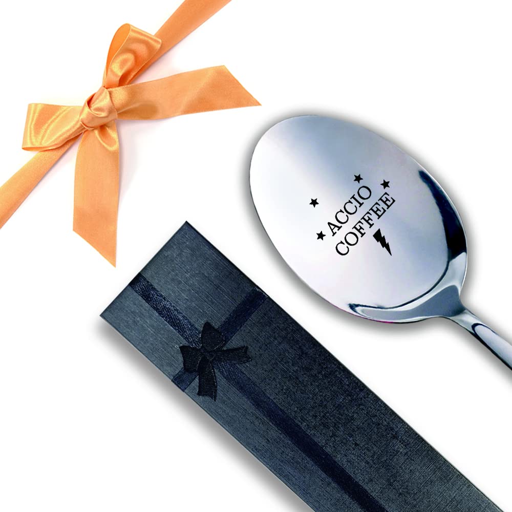 Accio Coffee,Funny Engraved Stainless Spoon,Coffee Lover Gifts for Men,Barista Gifts,Coffee Spoon,Gift for Best FriendďźSchoolmate