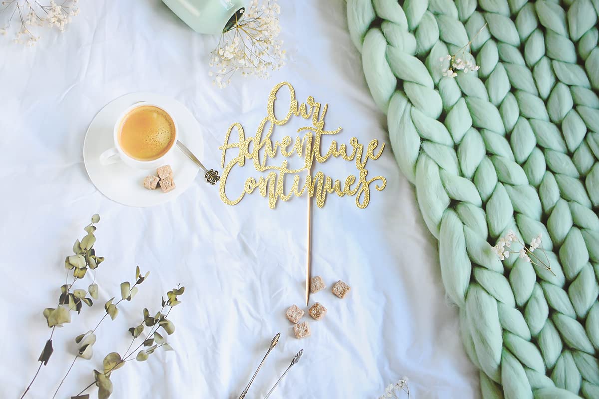 Our Adventure Continues Cake Topper, Travel Theme Wedding Anniversary Party Decor, Engagement/Bridal Shower Cake Decor, Gold Glitter