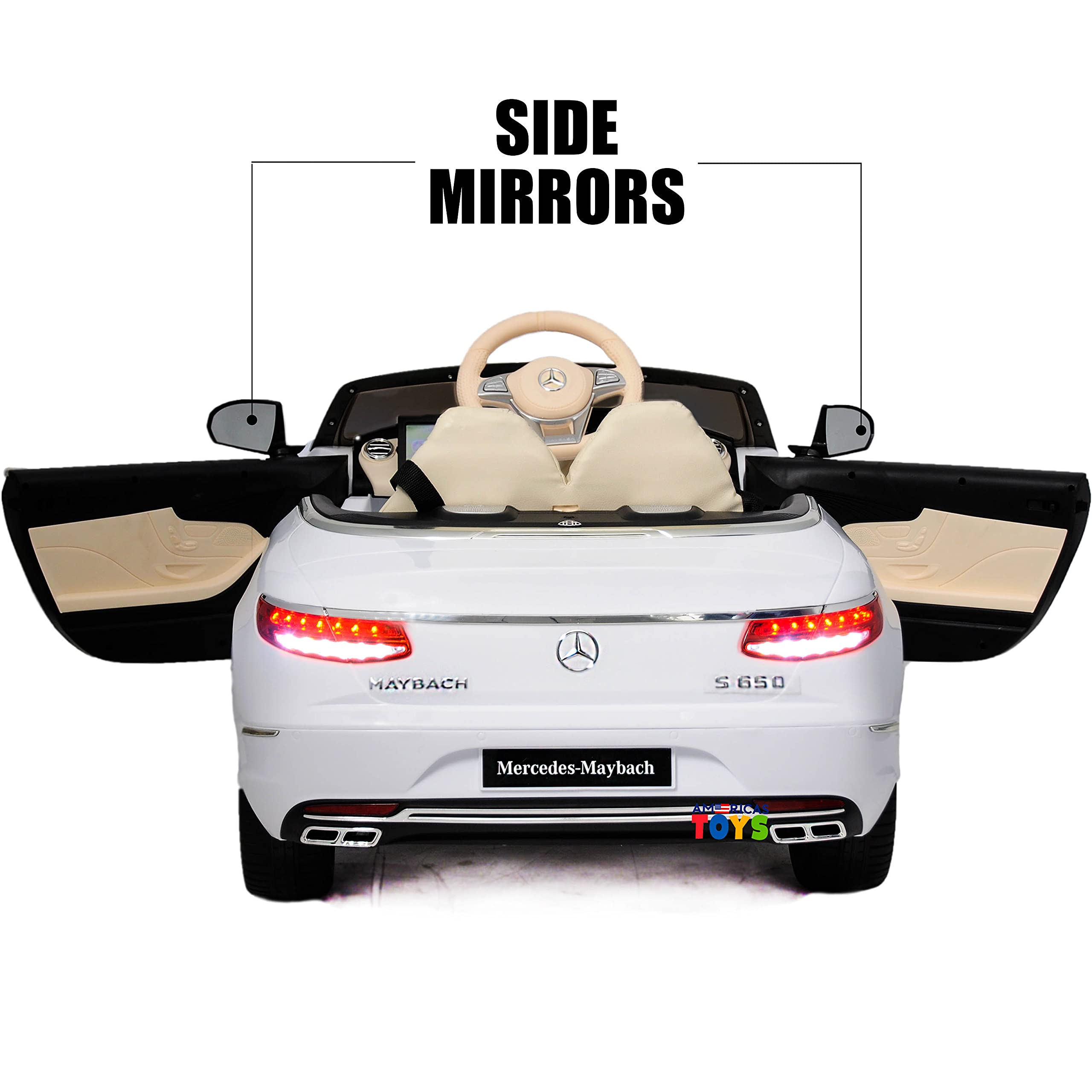 Americas Toys Car for Kids to Drive with Leather Seat, Mp4 Player, Bluetooth, Remote Control – Ride in Vehicle One Seater with Open Doors, 5 Point Safety Belt, Compatible with Mercedes Maybach White