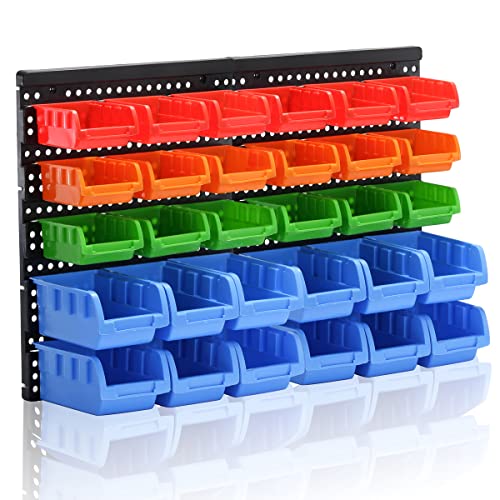 RIVTUN Wall Mounted Storage Bins Parts Rack 4 Colors Garage Plastic Shop Tool Organizer, ABS Plastic Garage Rack, Screw Storage 30 Bins