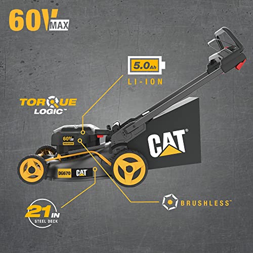 Cat DG670 60V 21β Cordless Lawn Mower 3-In-1 Cutting Modes, Brushless Battery Lawn Mower with TorqLogic, Easy-Adapt Walk-Behind Push Lawn Mower β Battery & Charger Included