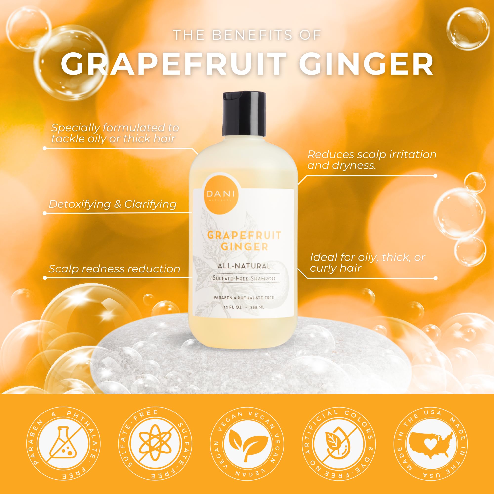 DANI Natural Moisturizing Shampoo Naturals - Invigorating Grapefruit Ginger Scent - Organic Aloe Vera & Coconut Cleansers - Sulfate, Phthalate & Paraben Free - For Men & Women - 12 Ounces