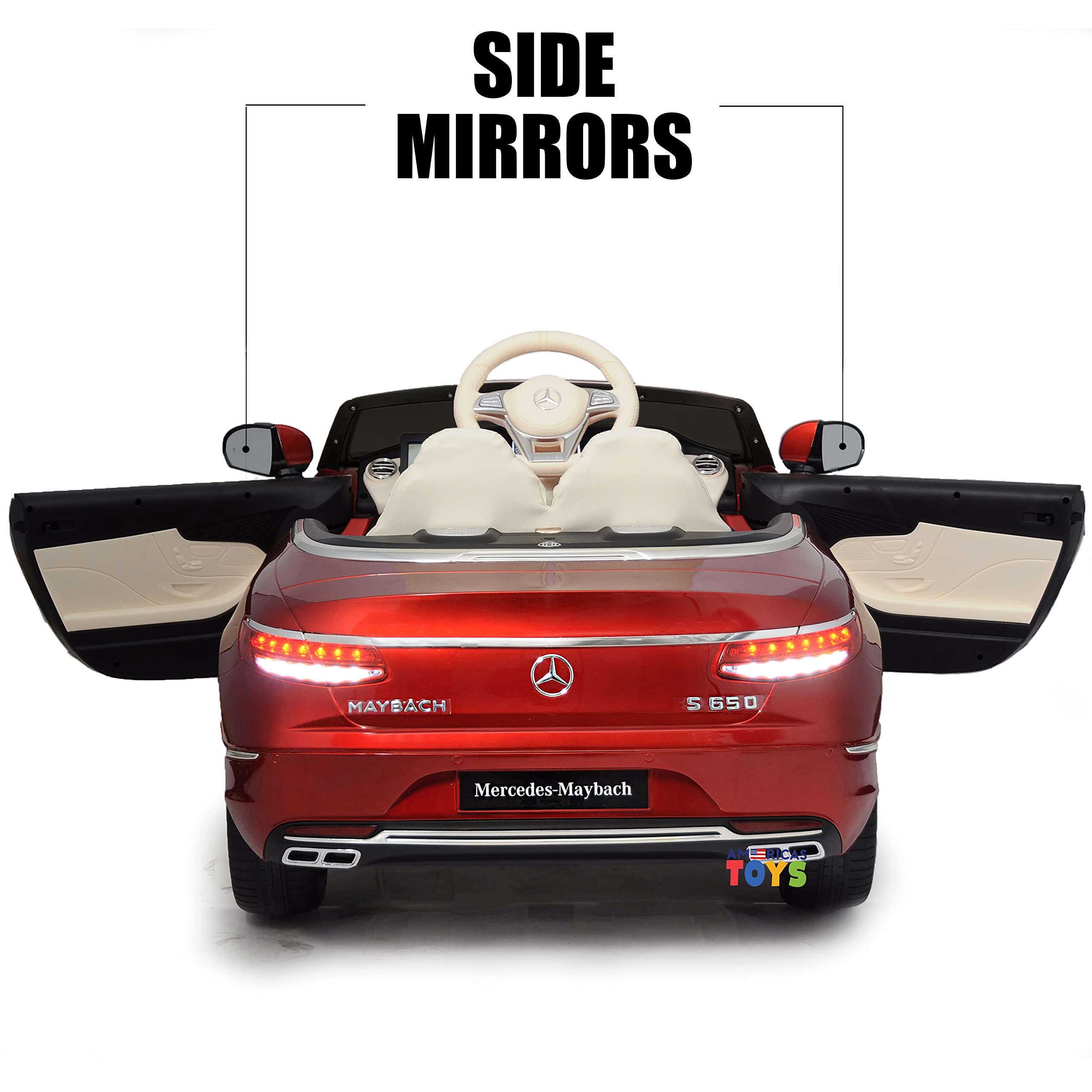 Americas Toys Kids Car with Mp4 Touchscreen, Bluetooth, Remote Control, Leather Beige Seat β Electric Car One Seater with Open Doors, 5 points Safety Belt, Compatible with Mercedes Maybach Painted Red