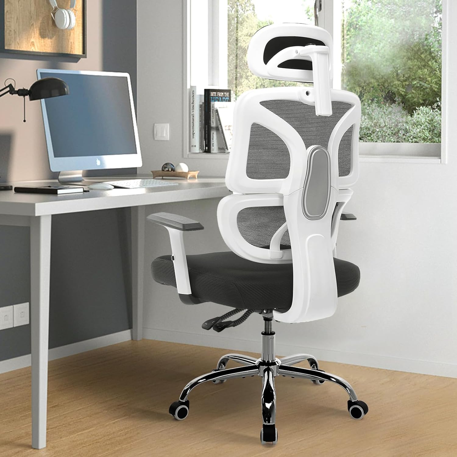 ACCHAR Desk Office Chair,Ergonomic High Back Computer Chair,Big and Tall Reclining Comfy Chair,Lumbar Support Breathable Mesh Swivel Chair with Adjustable Armrests (White and Black)
