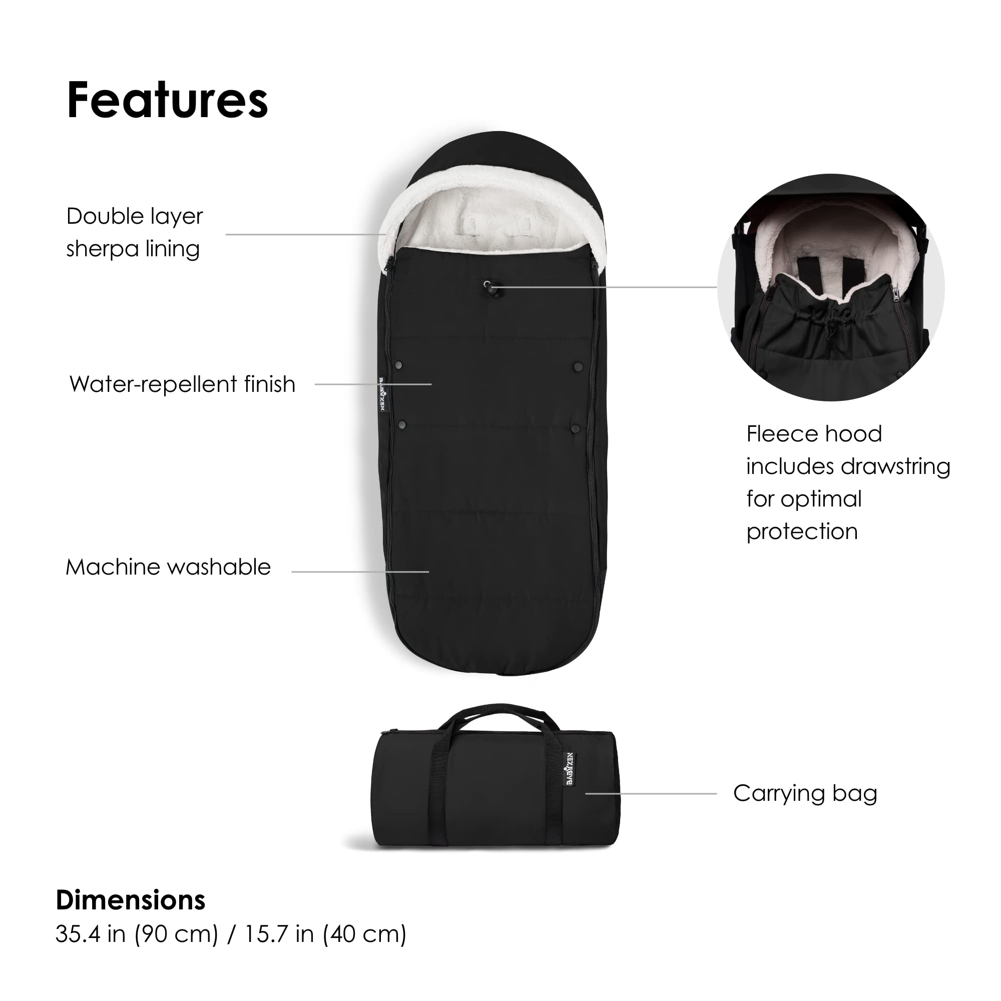 Stokke BABYZEN YOYO Footmuff, Black - Sherpa Lining & Fleece Hood with Drawstring to Keep Baby Warm - Includes Carrying Bag - Machine Washable
