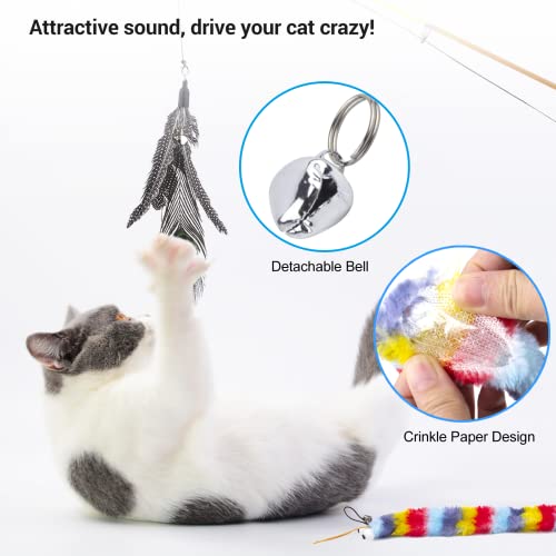 Cat Fishing Pole Toy, 1 Retractable Cat Wand 4 Replacement Attachments with Feathers Fish Dragonfly Caterpillar with Crinkle Paper Interactive Kitten Toys Gifts with Detachable Bells Nylon Rope