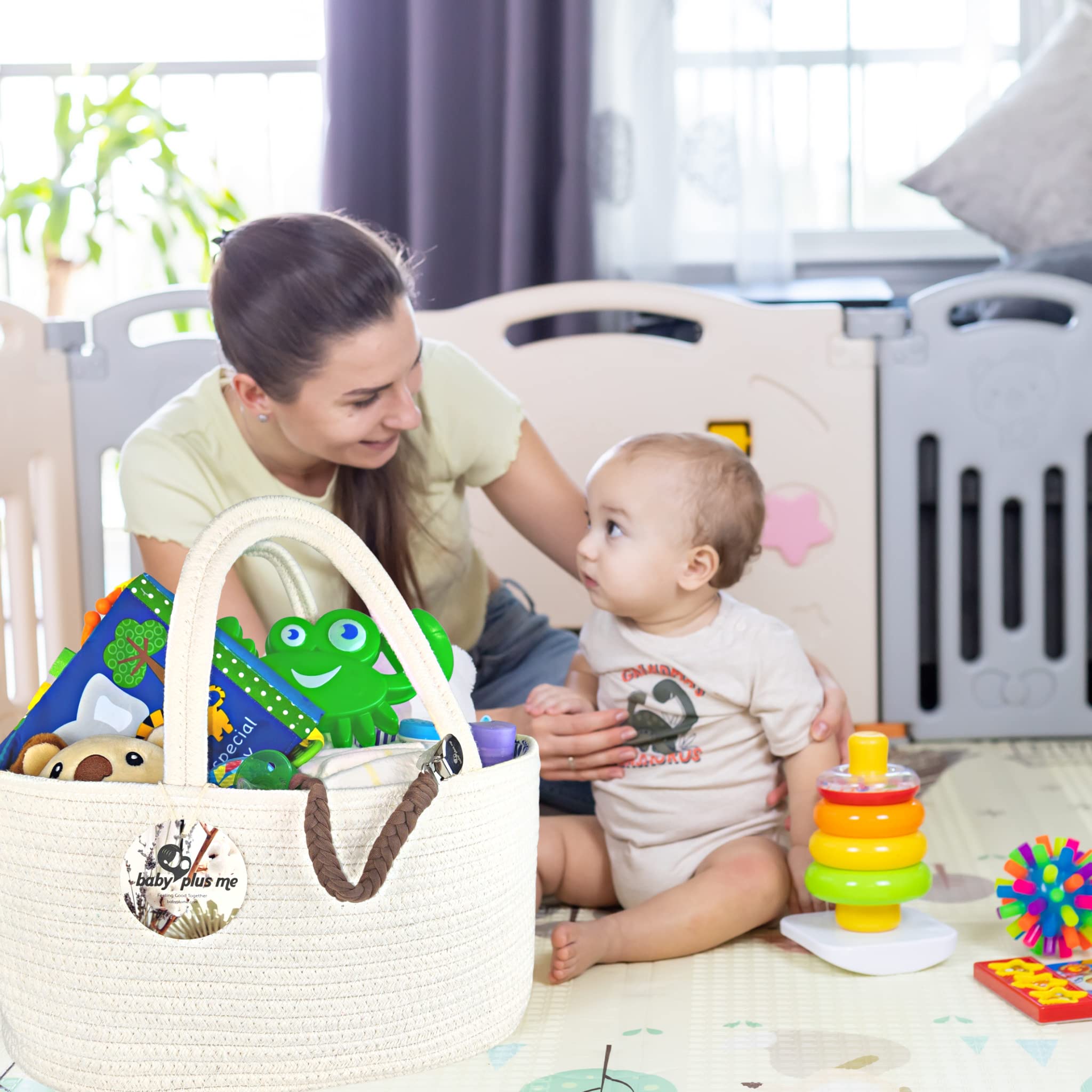 Baby Plus Me Diaper Caddy Organizer | Stylish Portable Nursery Basket with Removable Inserts | 100% Cotton Storage Bin for Changing Table | Easy to Use Snap On Buttons | Perfect Baby Gift (White)