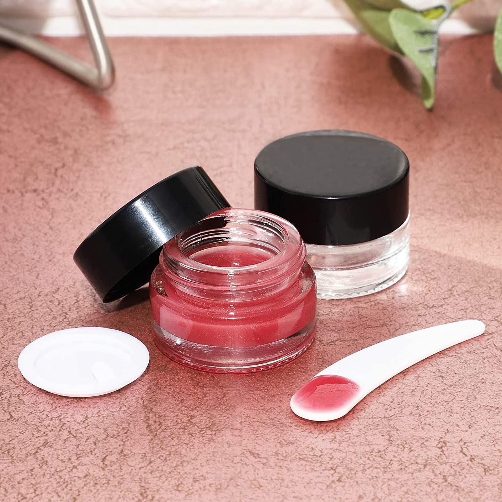 5ML Glass Jars with Lids,24 Pack Mini Glass Jars with 6 pc Spatulas, Round Set Glass Jars, A Tight Seal for Storing Lotions, Powders and Ointments. - Clear+Black Cap