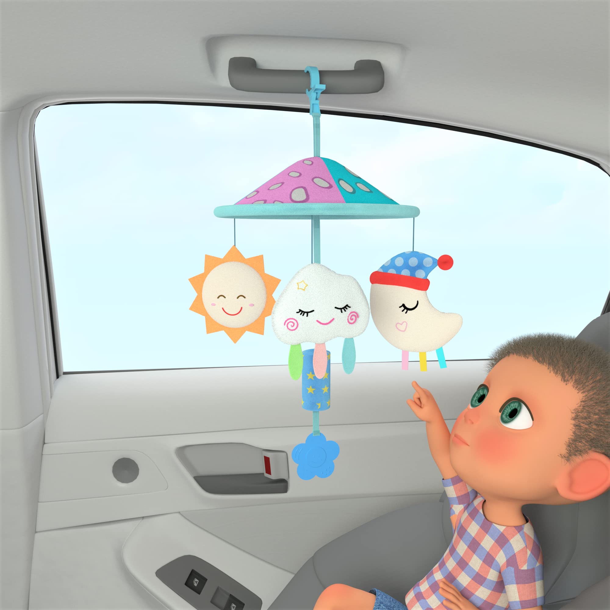 Baby pram Mobile Toys, Car roof Handle Toys with Soft Rattle for 0 Months+ (Sky)