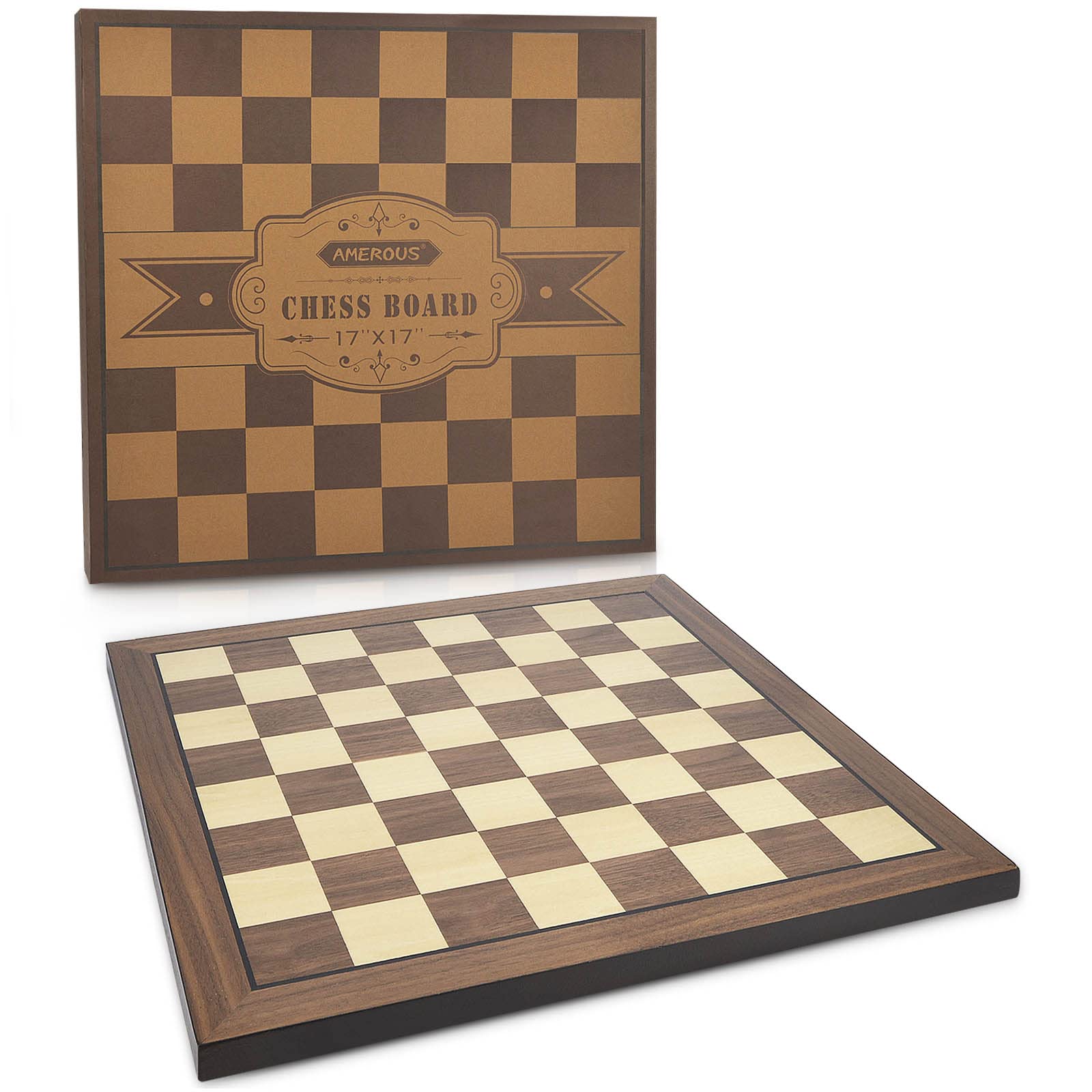 AMEROUS 17 Inches Wooden Chess Board Only, Professional Tournament Chess Board Large with Gift Package - Chess Rules, Beginner Chess Board Game for Kids, Adults