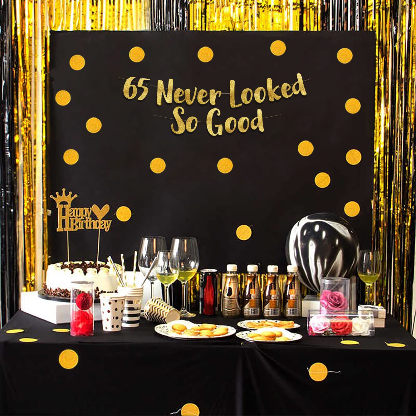 65 Never Looked So Good Gold Glitter Banner - 65th Anniversary and Birthday Party Decorations