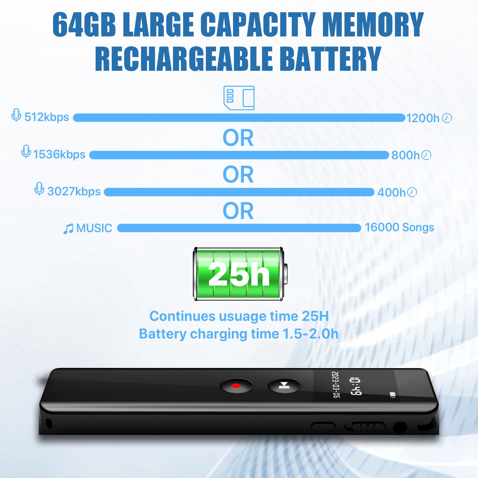 64GB Digital Voice Recorder, Audio Recording Device with Playback, 3072KBPS Noise-Free Voice Activated Recorder with Password, Bluetooth, Dictaphone Recorder for Lectures Meetings and Interviews