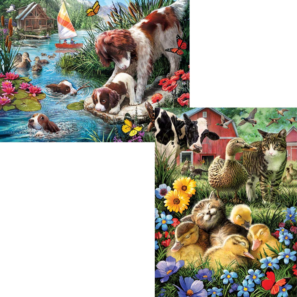 Bits and Pieces - Value Set of Two (2) 500 Piece Jigsaw Puzzles for Adults Cat Nap, Puppy Swimming - Each Puzzle Measures 18" X 24" - 500 pc Jigsaws by Artist Larry Jones