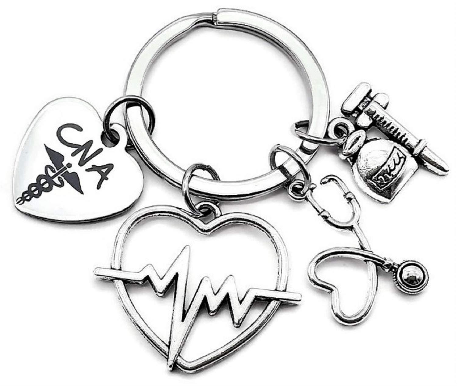 CNA Certified Nursing Assistant Keychain, CNA Keychain, ECG, EKG Hearbeat Charm, Stethoscope, Syringe, Caduceus Medical Symbol Keychain, Nursing School, Medical Student Gift, CNA Key Ring