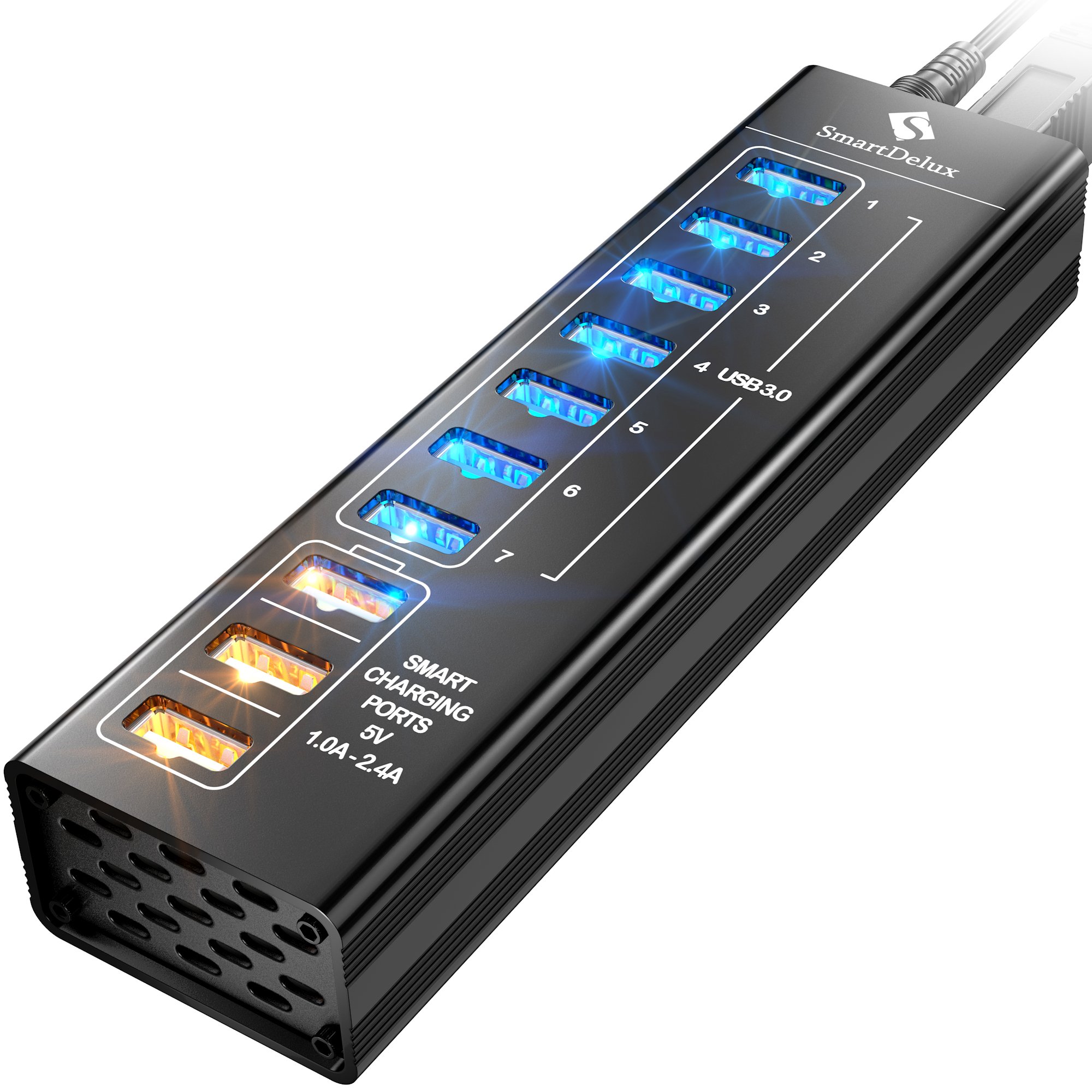 SmartDelux Powered USB Hub - USB 3.0 Ports Hub with 3 Smart Charging Ports, Power Adapter, Long Cord, LEDs (10-Port USB Hub)