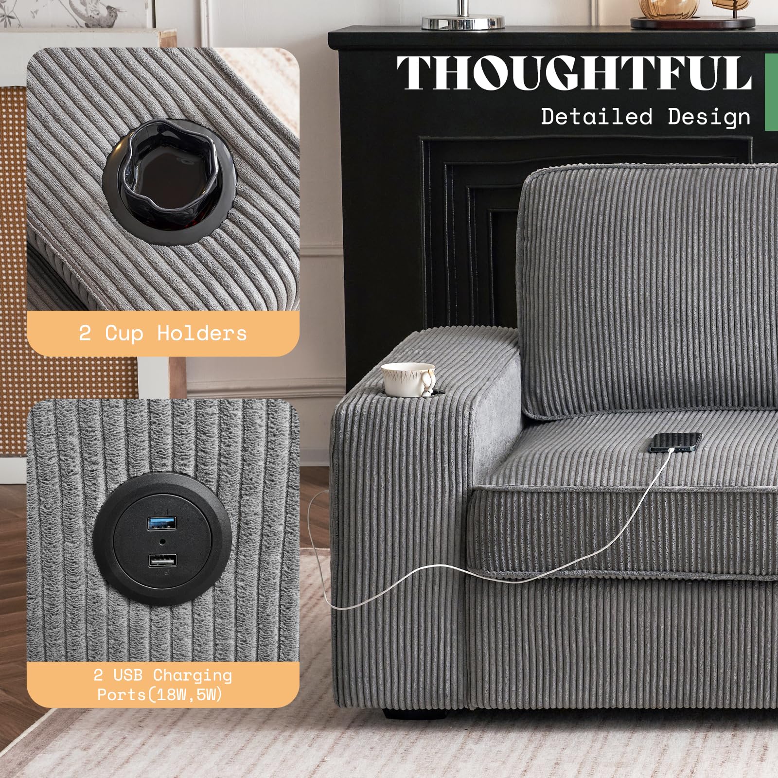 AMERLIFE Couch, 89 inch Sofa Couch- Deep Seat Sofa with 2 USB Charging Ports & 2 Cup Holders, 3 Seater Couch with Grey Corduroy, Modern Sofas for Living Room