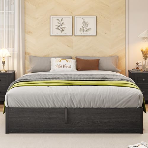 AMERLIFE Lift Up Storage Bed, Queen Bed Frame with Storage Underneath, Wooden Platform Bed Frame, Solid Wood Slats Support, No Fixed Headboard, No Box Spring Needed, Dark Oak