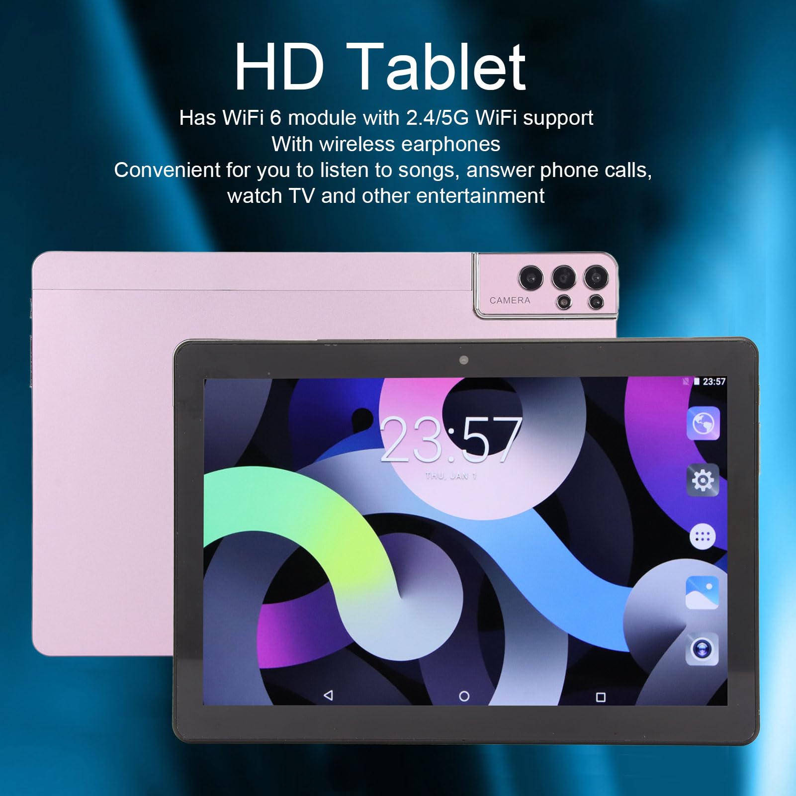 Acogedor 10.1 Inch Tablet for Android 12.0, 1920 x 1200 HD Display, 2.0 GHz Octa Core CPU, 4GB + 64GB, with Wireless Bluetooth Earphones, 8MP + 13MP, 2.4/5G WiFi, AM, FM (US Plug)