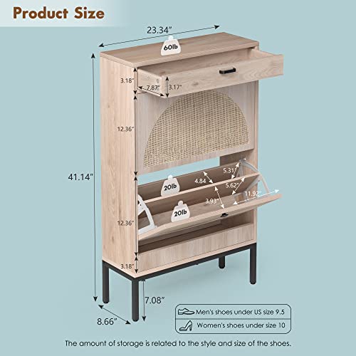 Brafab Shoe Storage Cabinet with 2 Flip Drawers&1 Small Drawer, Slim Entryway Shoe Organizer with Half Round Woven Rattan Doors for Sneakersā¦