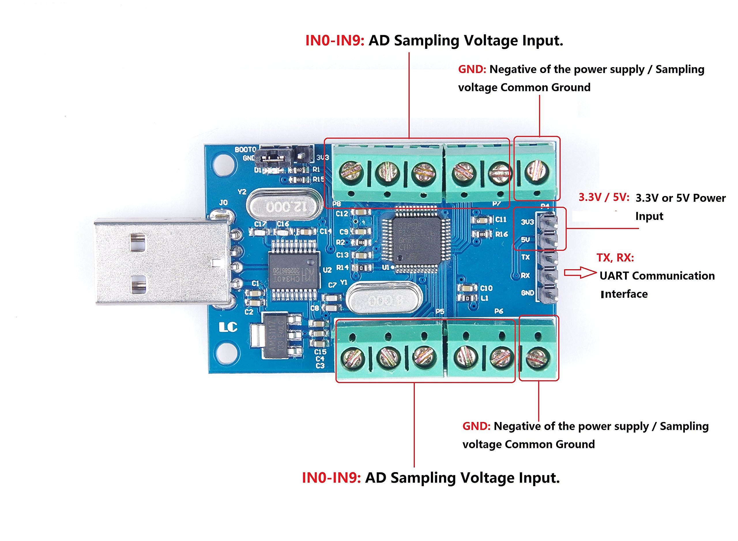 NOYITO USB 10-Channel 12-Bit AD Data Acquisition Module STM32 UART Communication USB to Serial Chip CH340 ADC Module