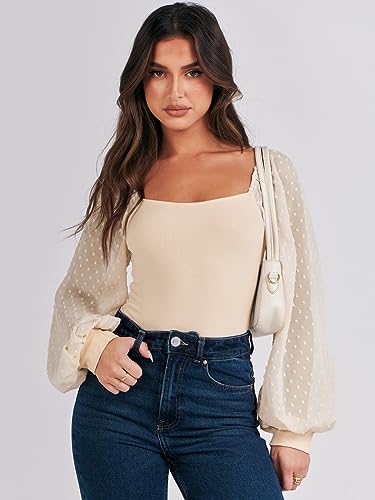 ANRABESS Rompers for Women Sheer Swiss Dot Puff Sleeve Square Neck Bodysuit Fall Casual Long Sleeve Dressy Leotard Top 1071xingse-L