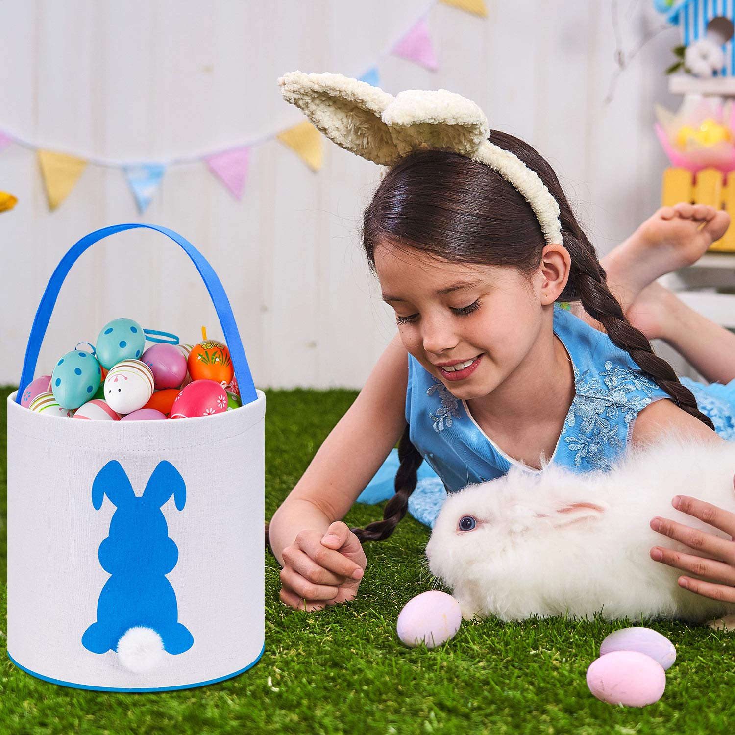 4 Pieces Easter Bunny Basket Bags for Kids Canvas Cotton Carrying Gift and Eggs Hunt Bag, Easter Gift Basket with Tails Printed Rabbit for Kids Party Decoration and Daily Use
