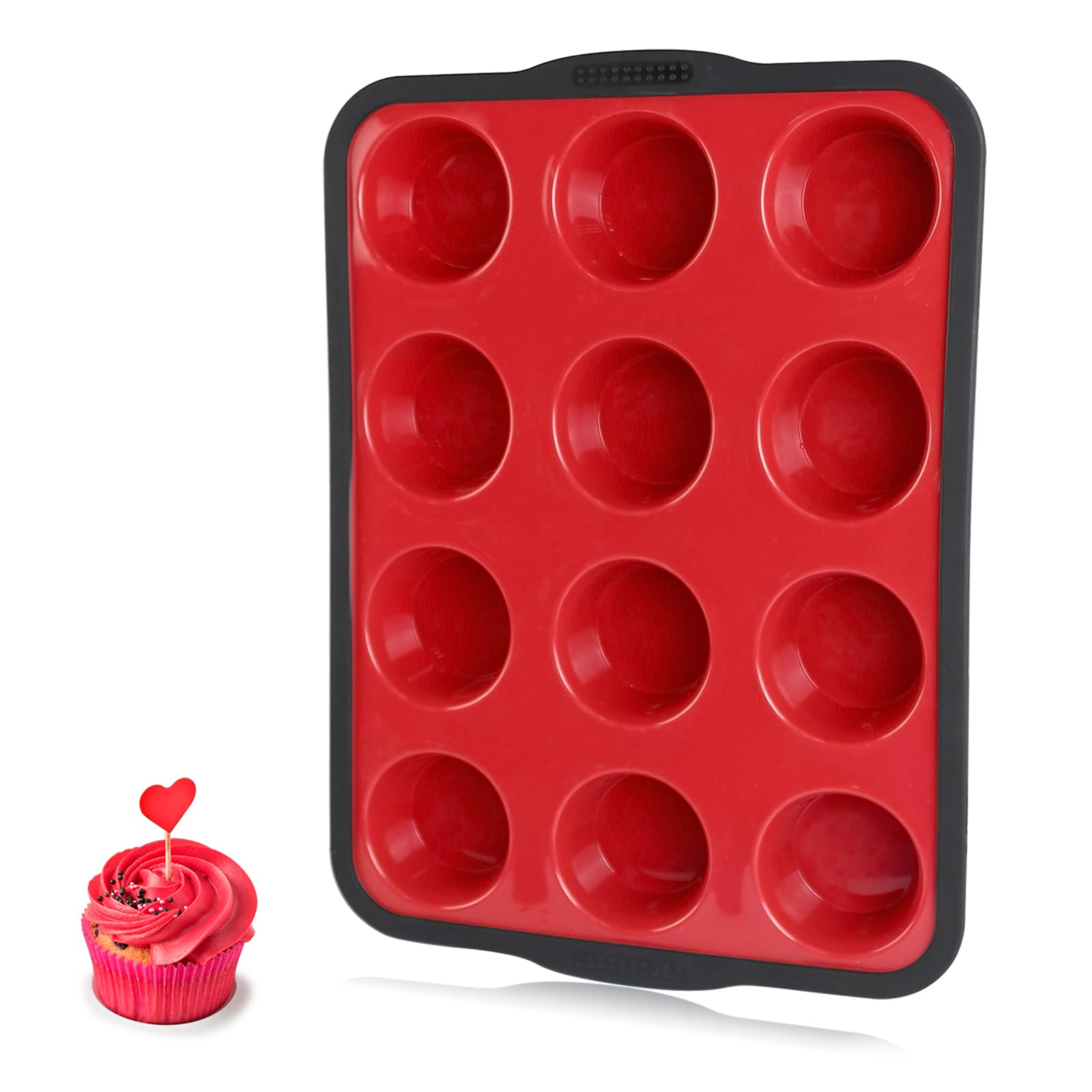Aichoof Non-Stick Silicone Muffin Pan With Reinforced Stainless Steel Frame Inside,12 Cup Regular Muffin Baking Mold, 12 Cup Muffin Tin, BPA Free,Dishwasher Safe, Red