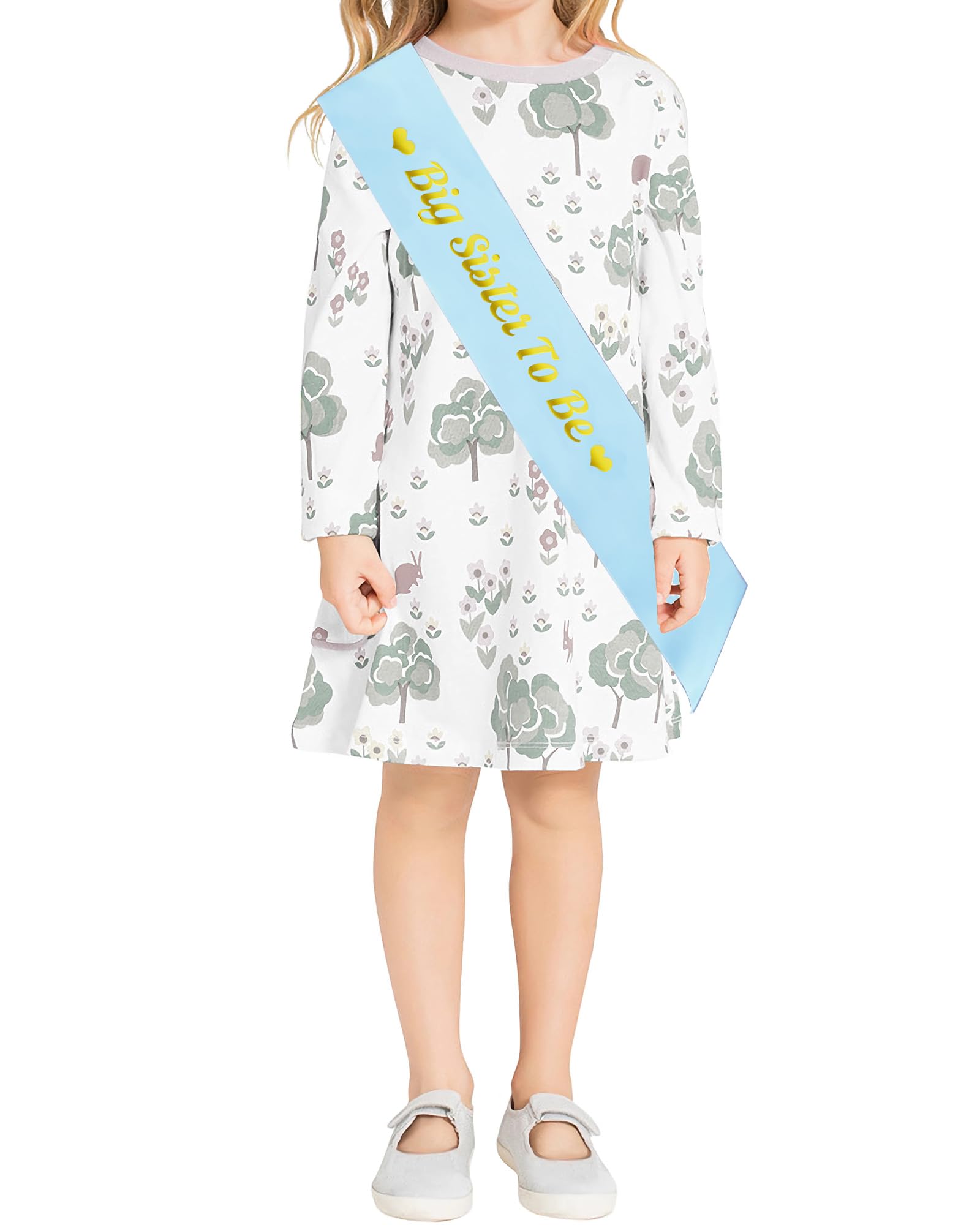 Big Sister to be Sash, Light Blue Satin with Gold Font with Heart, Best Baby Shower Decorations Gifts, Neutral Twins Children(Short Style)