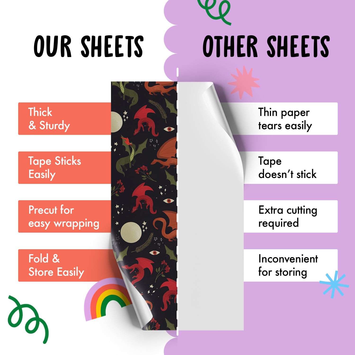 CENTRAL 23 Black Wrapping Paper - 6 Sheets of Birthday Gift Wrap - Dragons - Moon - Star - For Men Women - Halloween - Comes with Stickers - Recyclable