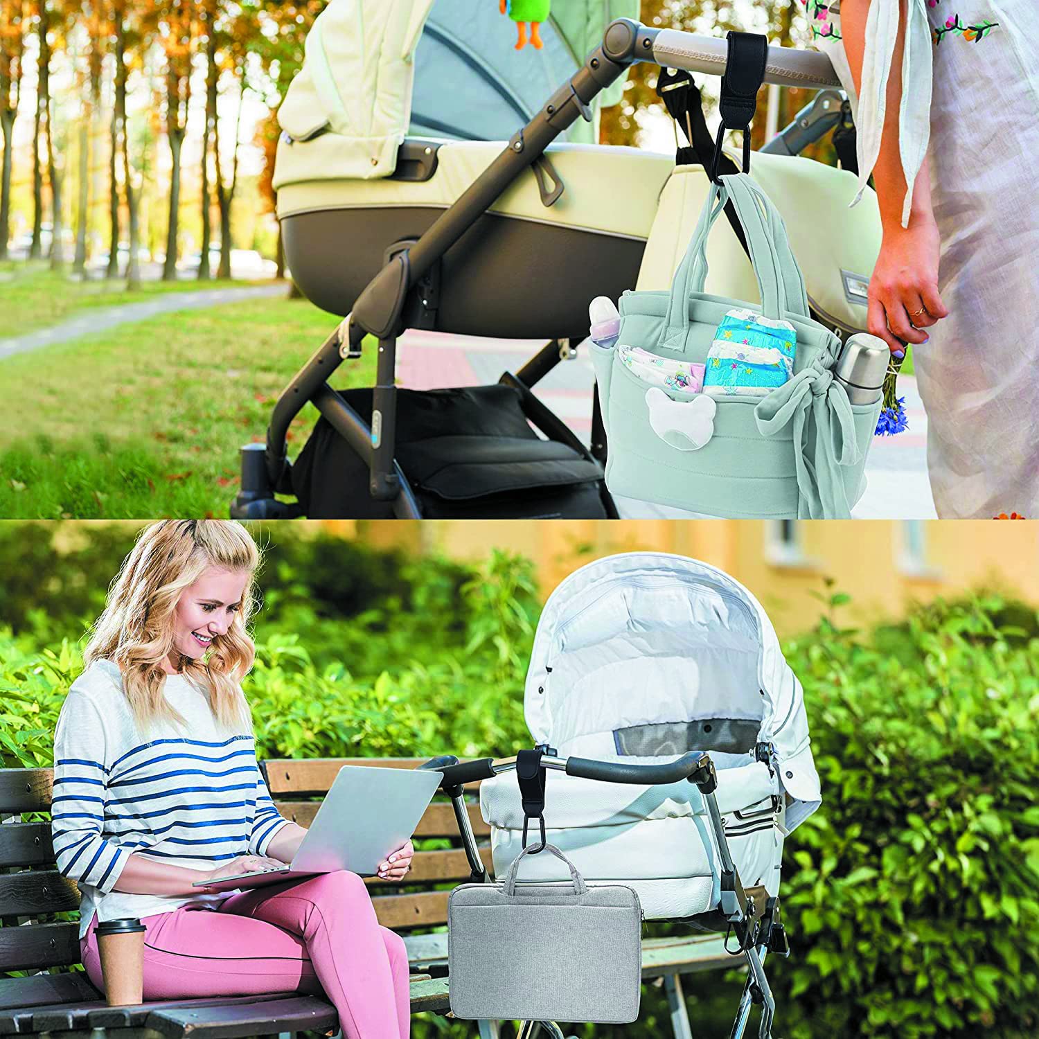 Baby Stroller Hooks,2 Pack Mommy Hook for Stroller for Hanging Diaper Bags,Purse,Stroller Organizer,Leather Stroller Hooks,Suitable for All Strollers and Trolleys Universal Stroller Clips (Black)