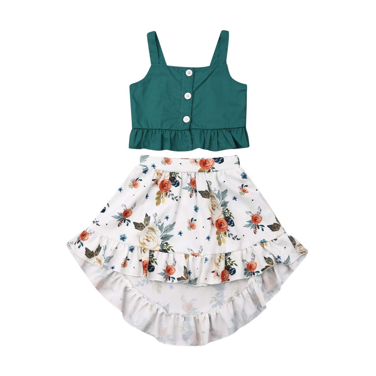 Toddler Baby Girls Ruffle Strap Top+Boho Floral Skirt Summer Outfit Clothes Two Piece Set (Green Crop Top+White Floral Skirt, 3-4T)