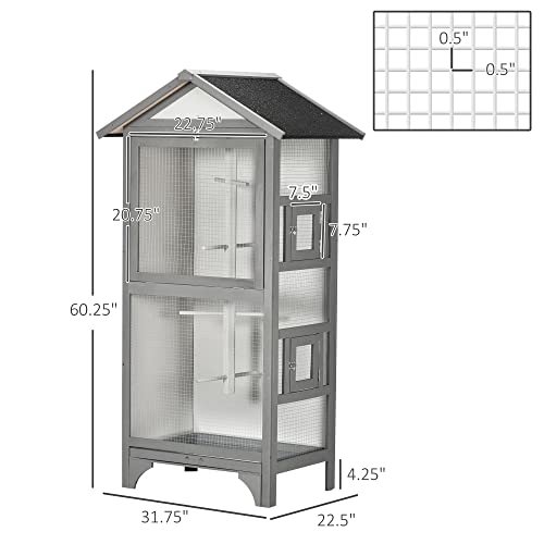 PawHut 60" Wooden Outdoor Bird Cage for Finches, Parakeet, Large Bird Cage with Removable Bottom Tray 4 Perch, Light Gray