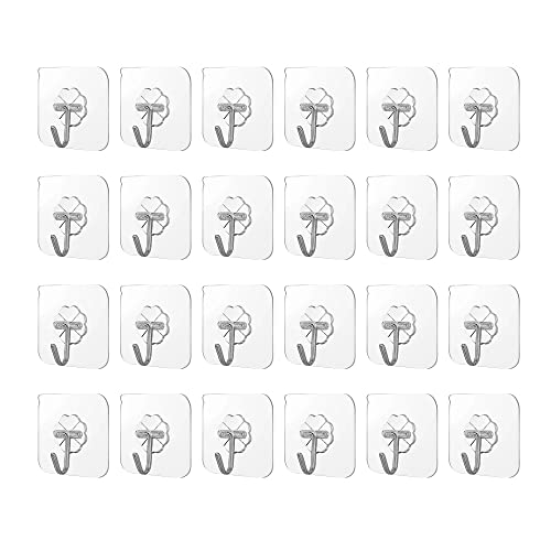 Parts Express Adhesive Hooks - 24 Pack Heavy Duty 13.2lb (Max), Nail Free Sticky Hangers with Stainless Hooks, Reusable, Clear, Utility Kitchen Wall Hooks, Towel Hanger, Ceiling Hooks…