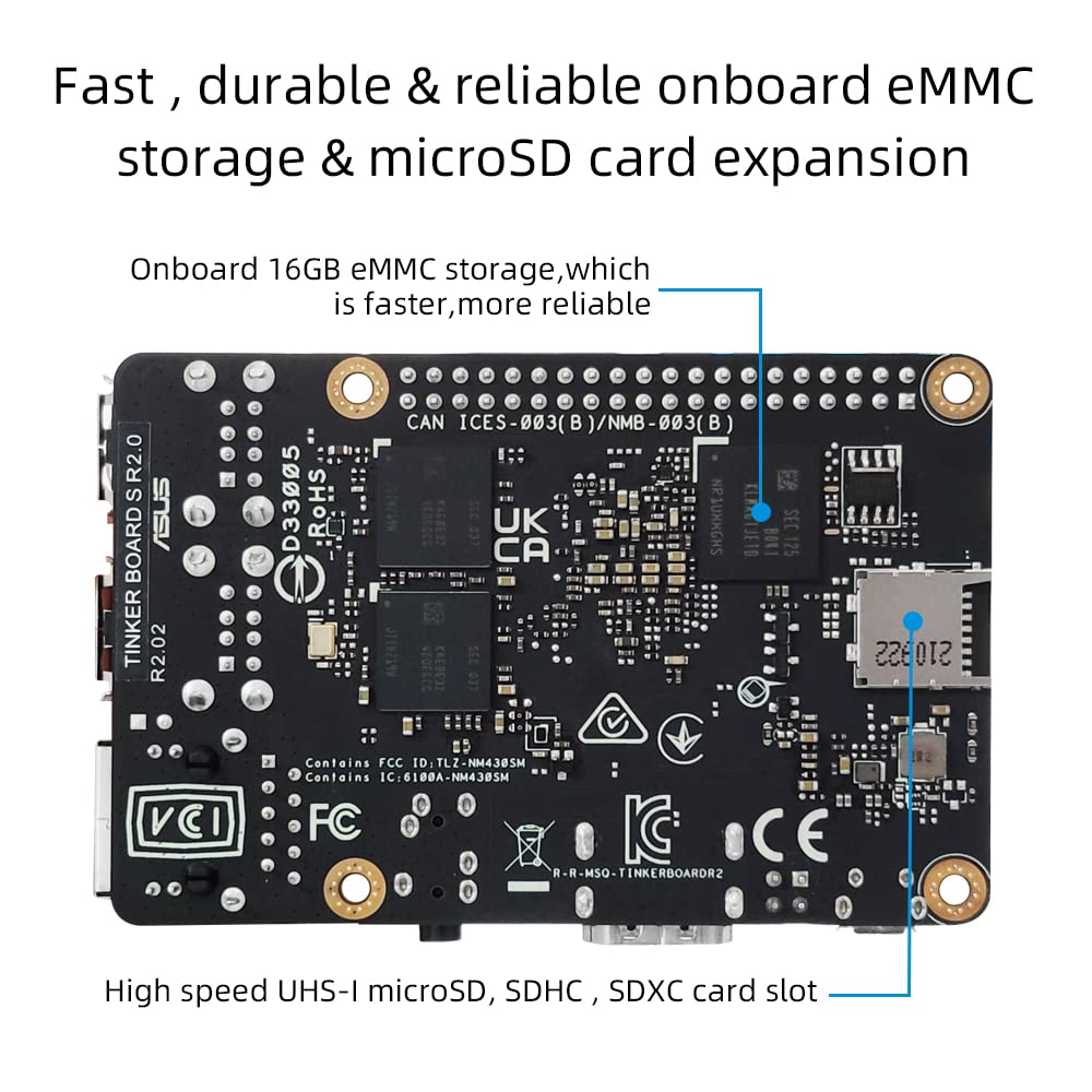 Tinker Board S R2.0 Single Board Computer RK3288 SoC 1.8GHz Quad Core CPU, 600MHz Mali-T764 GPU, 2GB LPDDR3 & 16GB eMMC Motherboard
