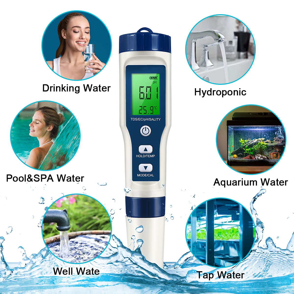 5 in 1 TDS Meter Water Tester, Conductivity(EC) Meter, TDS/EC/Salt/Temp/PH Meter for Water, Pool Salt Tester 0.01 High Accuracy Water Testing Kits for Drinking Water, Pool, Fish Tank and Hydroponics