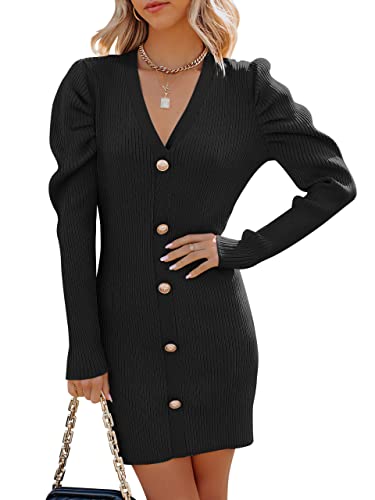 ANRABESS Women's Puff Long Sleeve V Neck Buttons Ribbed Knit Slim Fit Pullover Sweater Bodycon Mini Dress 581heise-S Black