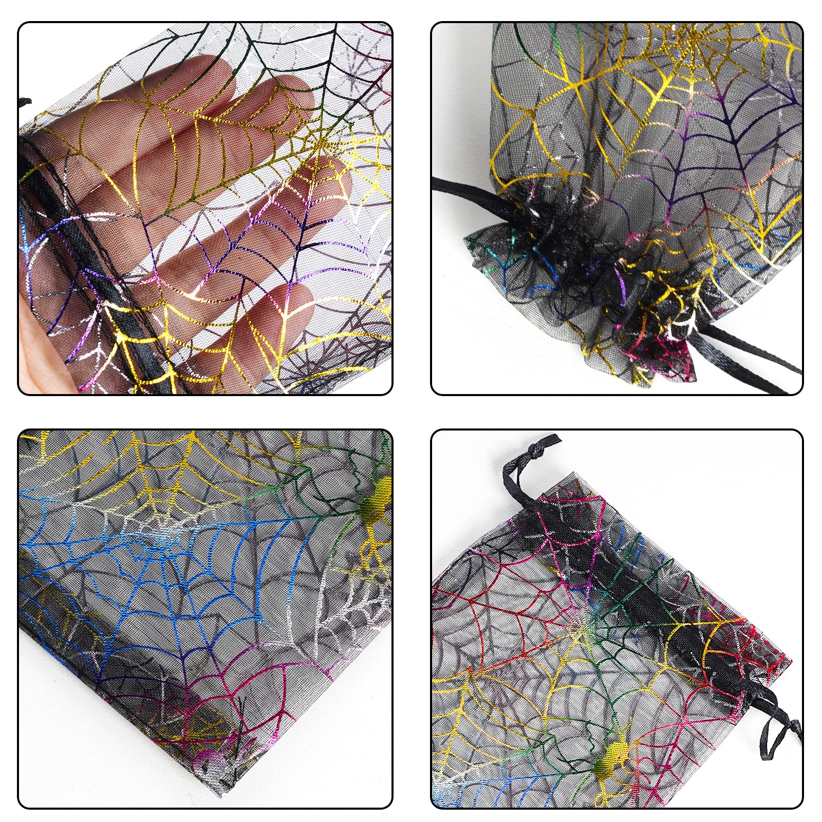 choyaxo 100PCS Halloween Organza Bags Spider Web Print Satin Drawstring Candy Jewelry Bags for Halloween Drawstring Gift Bags 4 x 6 Inches/10 * 15cm, 4 Styles