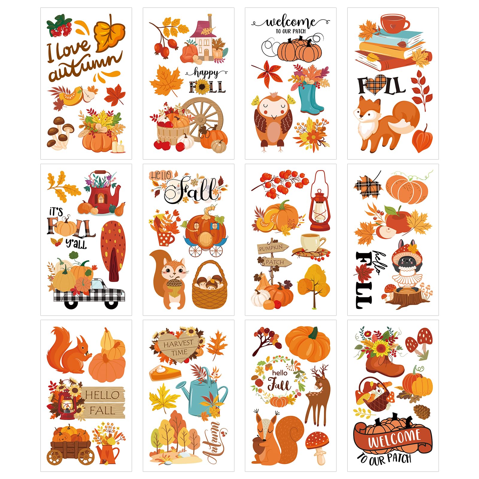 65 Pieces Fall Temporary Tattoos for Kids, 12 Sheets Autumn Harvest Thanksgiving Temporary Tattoo Stickers With Pumpkin Maple Leaves Squirrels Deer Design for Fall Party Decorations Favors Festival
