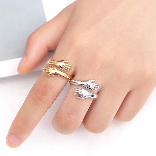 4 Pieces Hugging Hands Rings Gold Silver Hands Embrace Open Rings Adjustable Couple Hug Rings Romantic Lover Wedding Ring Jewelry Gifts-Silver